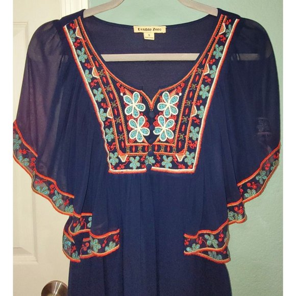 Double Zero | Tops | Boho Long Floral Embroidered Bell Sleeve Navy Lace ...
